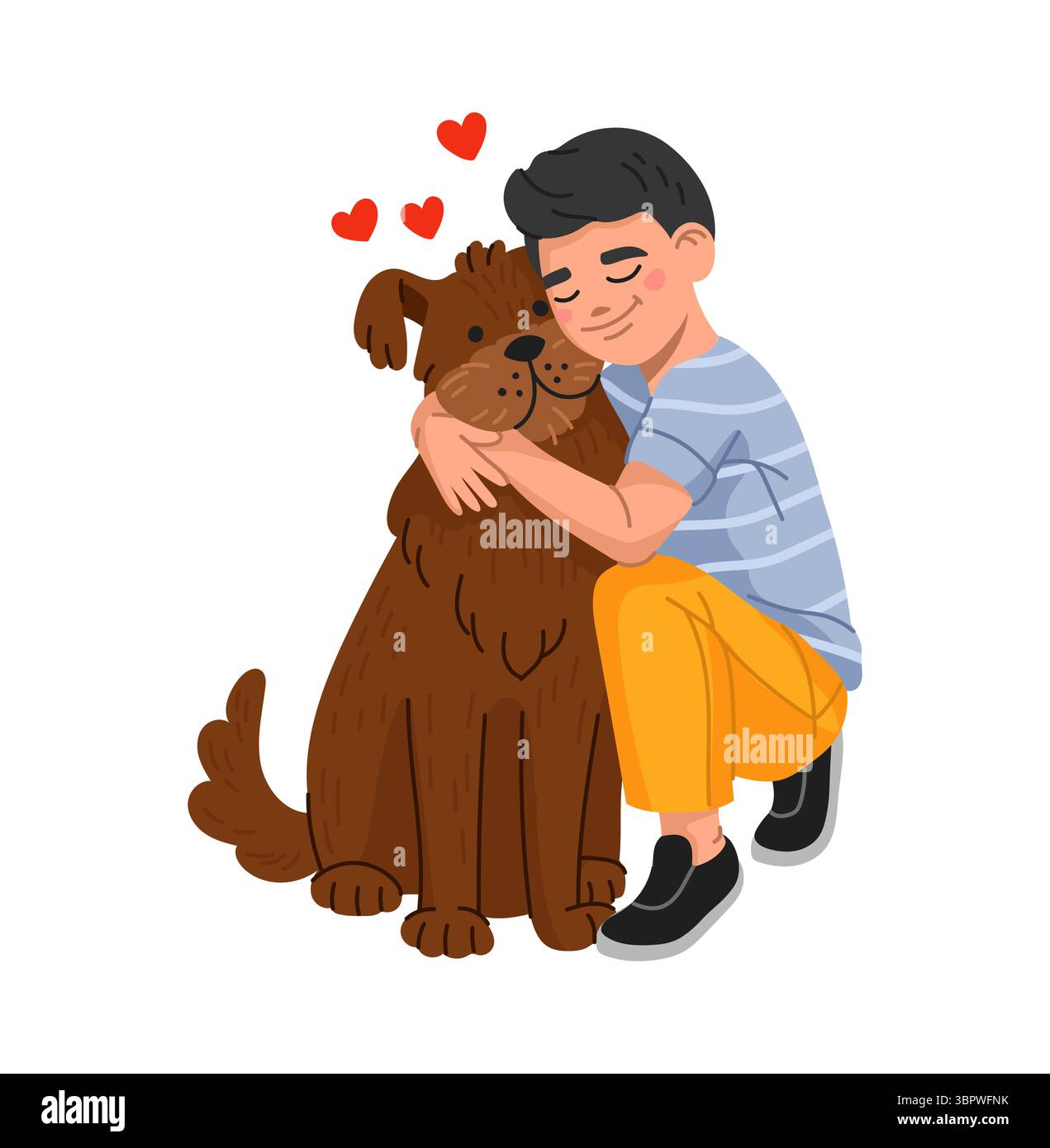 Cartoon boy hugs big fluffy dog. Vector child kneels and gently ...