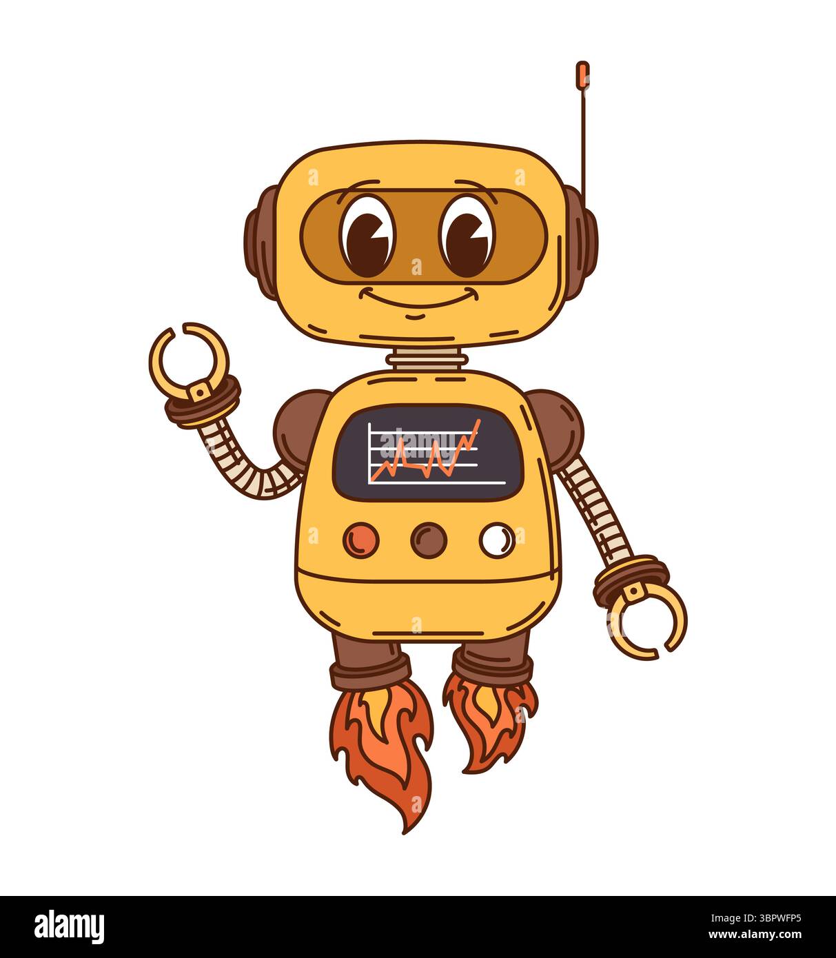 Robot, groovy retro cartoon droid or robotic cyborg with funny face ...