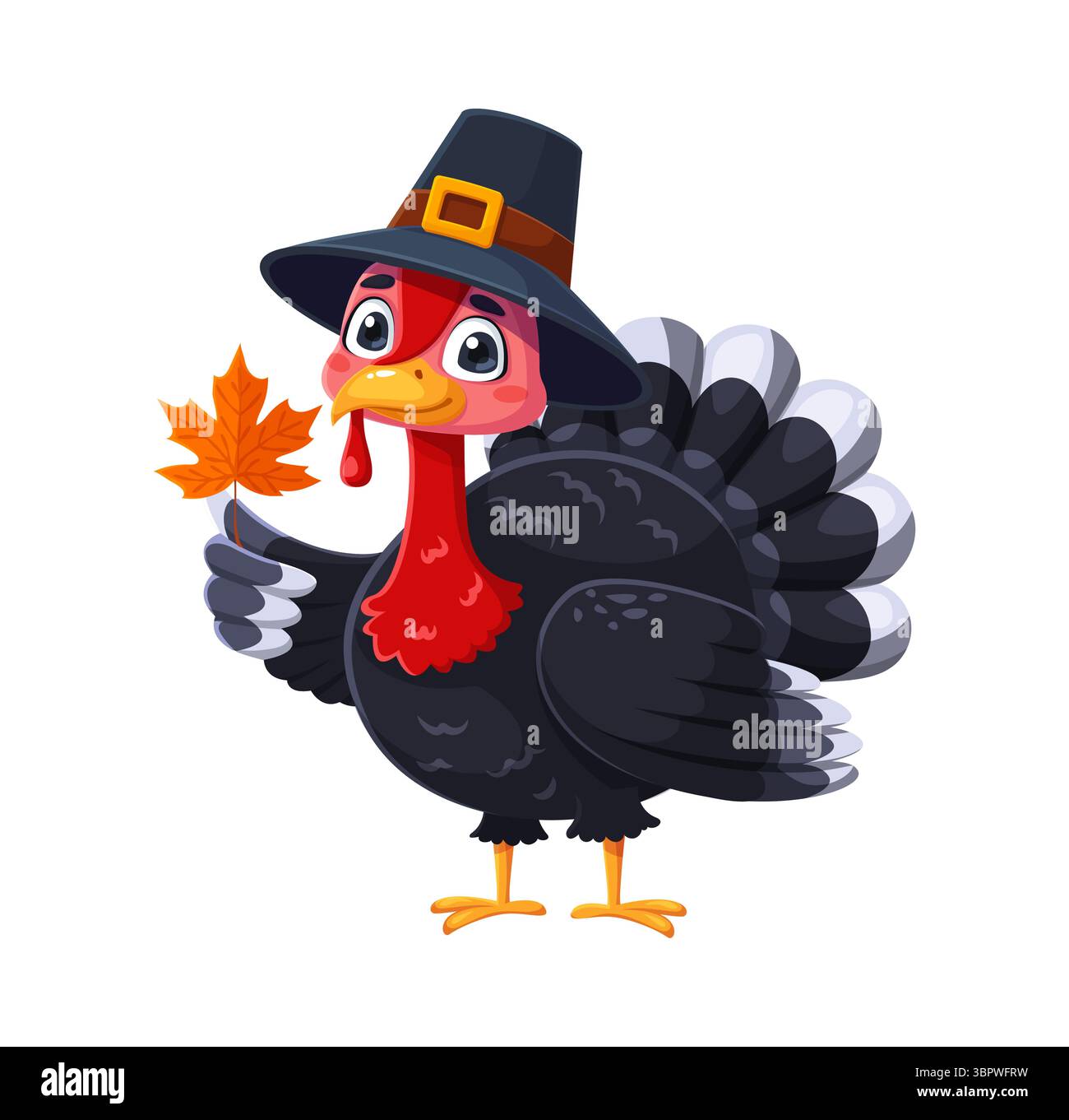 Cartoon Thanksgiving day turkey character in pilgrim hat holding maple ...
