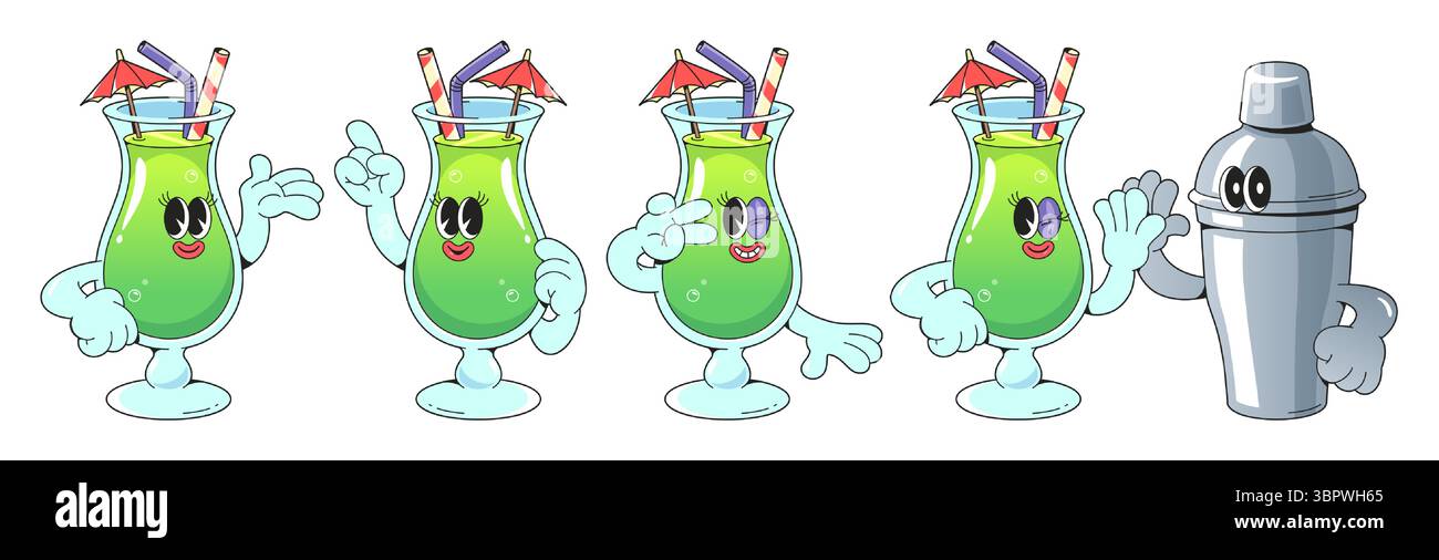 Groovy cocktail mascot set - green tropical drink with umbrella in ...