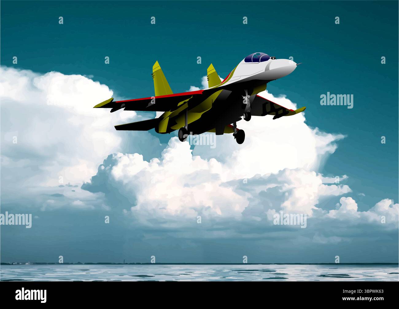 Fighter jet aircraft flying over white clouds and green forest ...