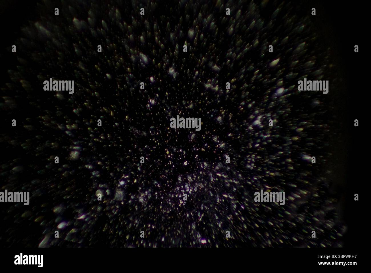 Glowing particles are floating across dark void in flat vector design ...