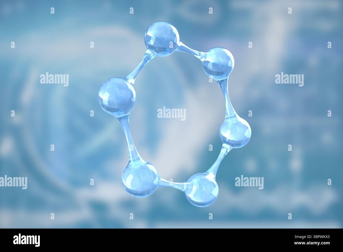 Digital render showing molecular ring seven blue spheres linking rods ...