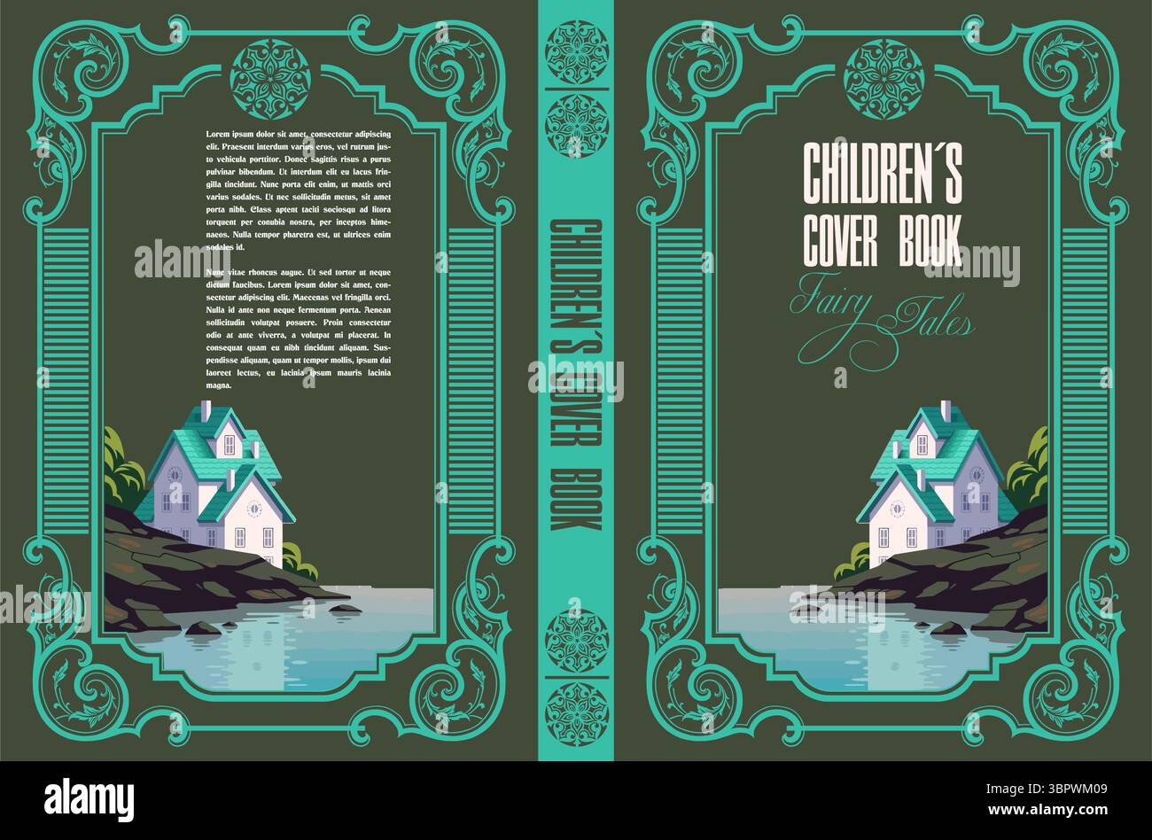 Turquoise and brown vintage book cover design featuring a lakeside ...