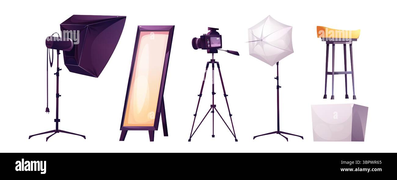Cartoon photo studio equipment - softbox light on stand, floor mirror ...
