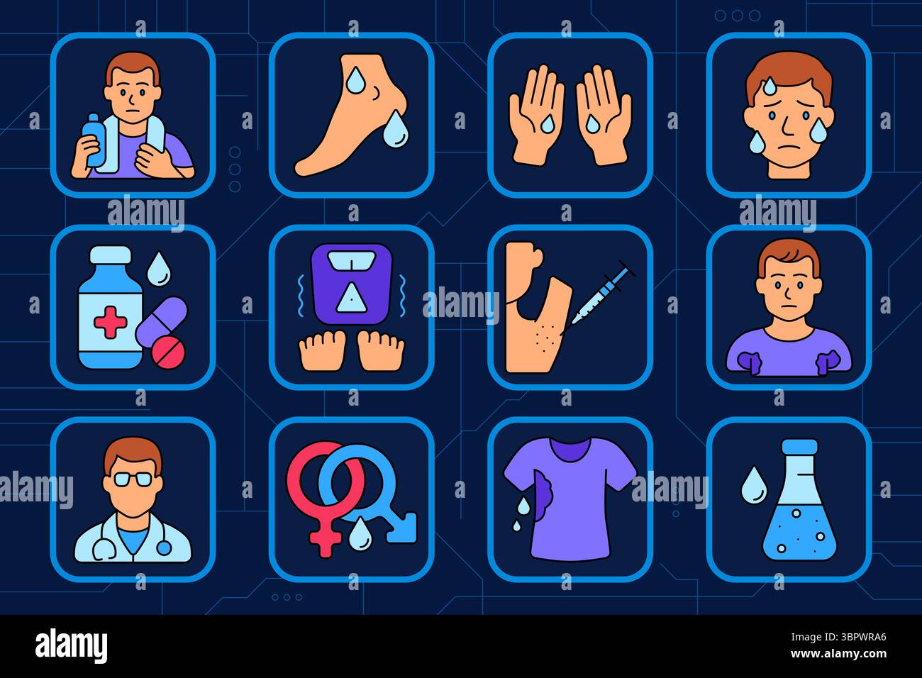 Hyperhidrosis set icon. Sweaty man, feet, hands, wet face, medication ...
