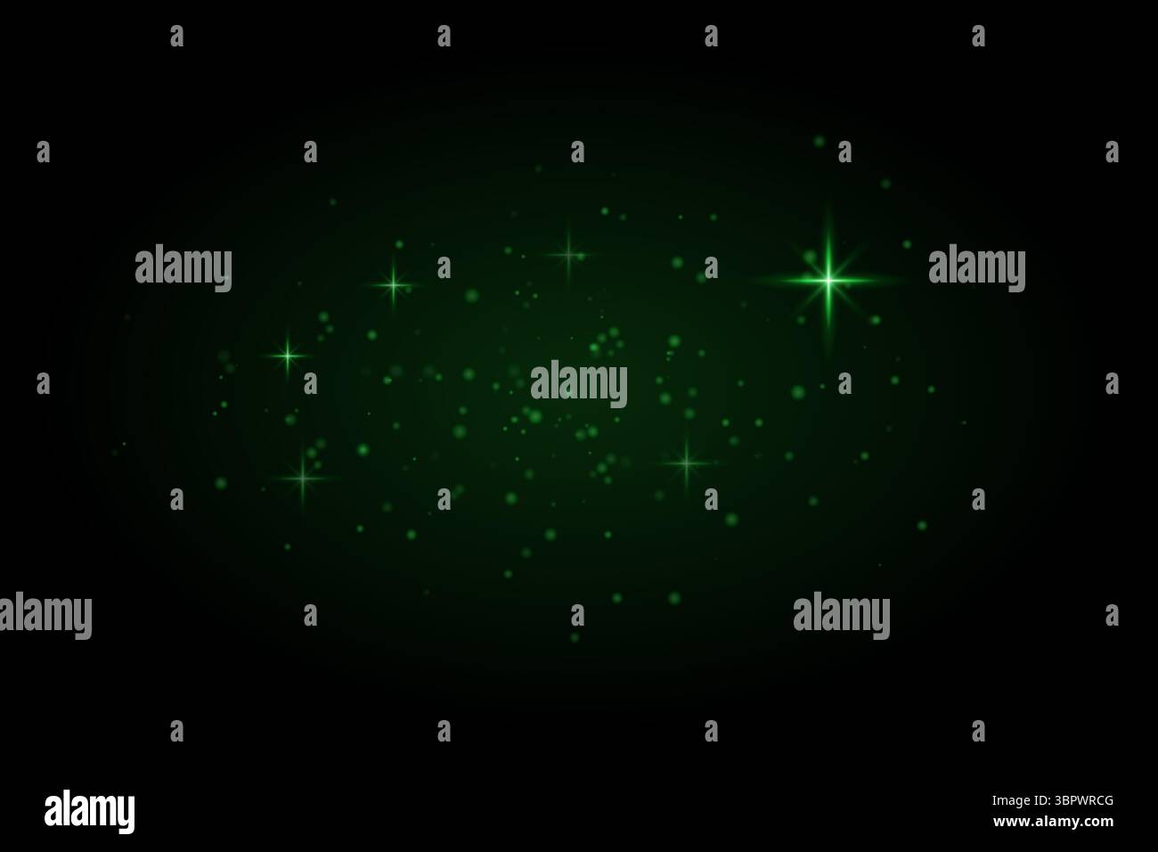 Green sparkling particles with glowing star flares on dark background ...