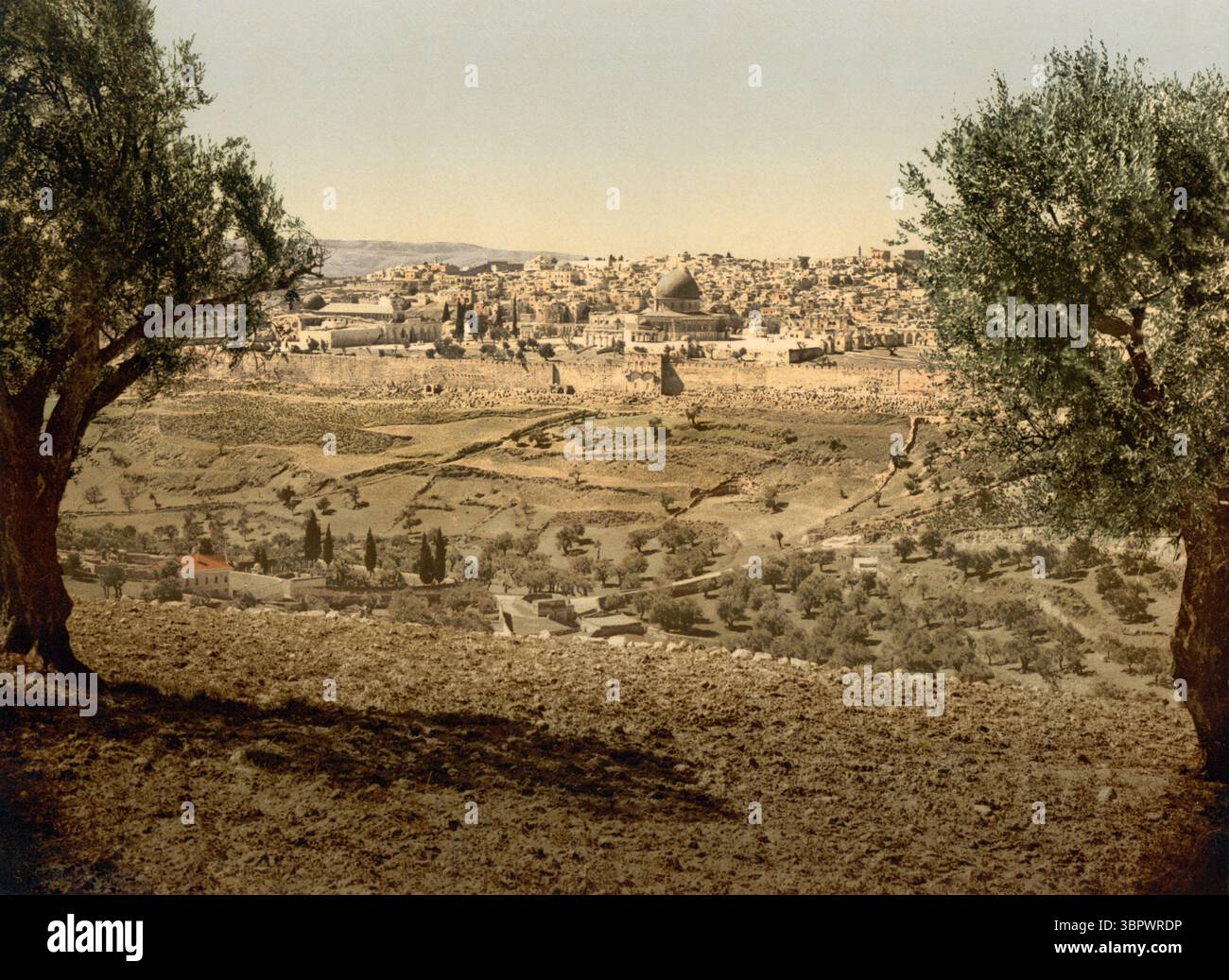 Vintage photocrome print showing an overview of the city of Jerusalem ...