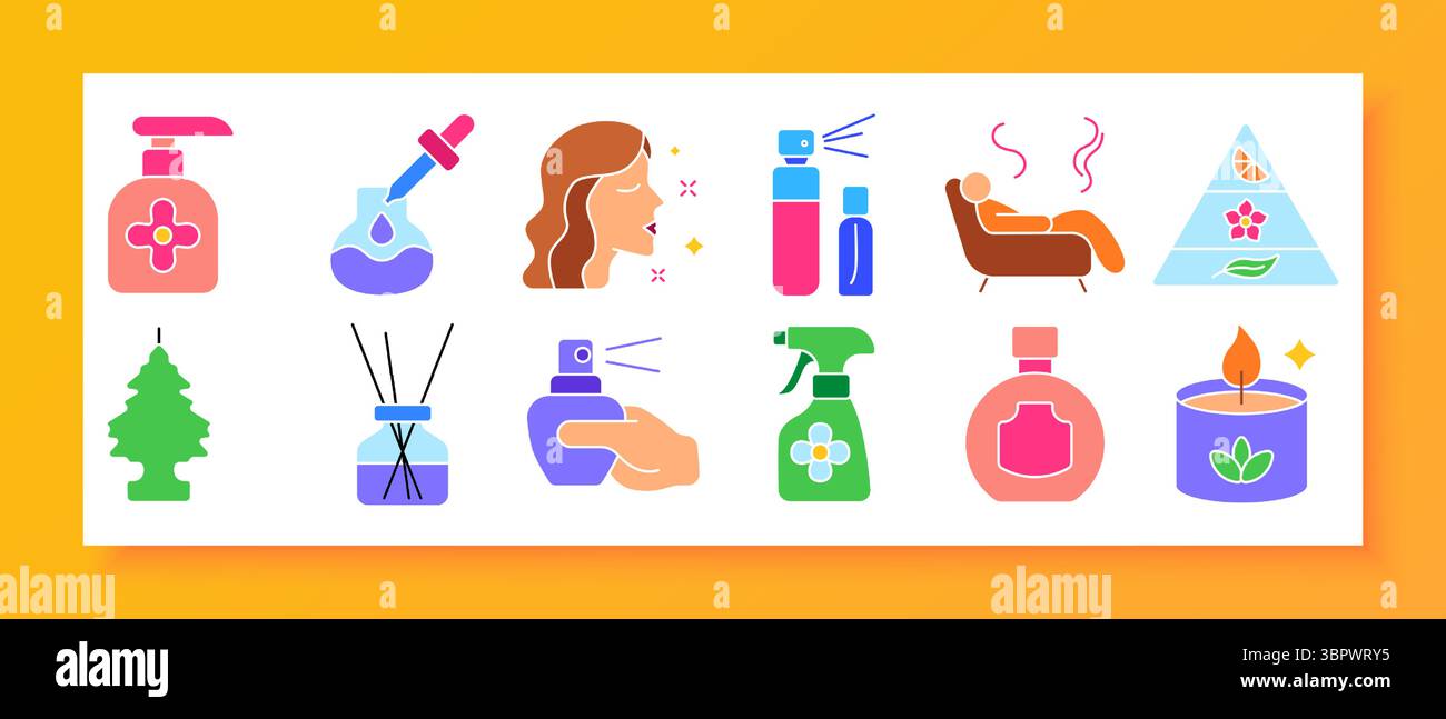 Perfumery set icon. Shows shopping bag, spray bottle, rose scent ...