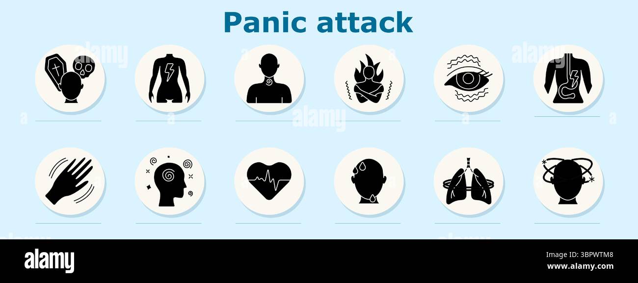 Panic attack set icon. Depicts pressure gauge, chest temperature swings ...
