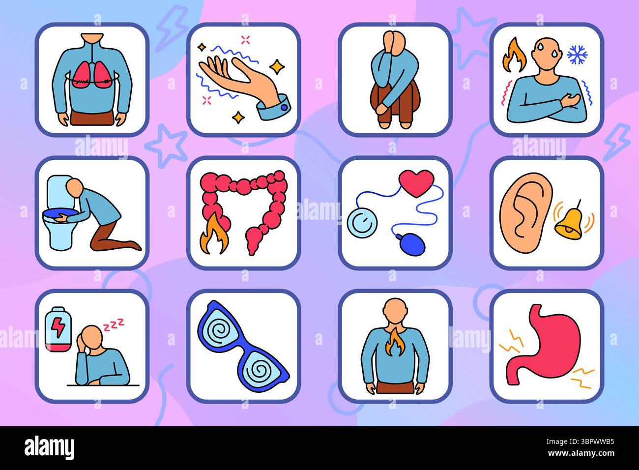 Panic attack set icon. Depicts heart monitor, chest pain, energy crash ...