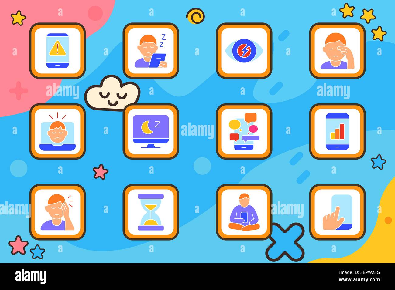 Sedentary lifestyle set icon. Bad posture, overweight body, desk ...