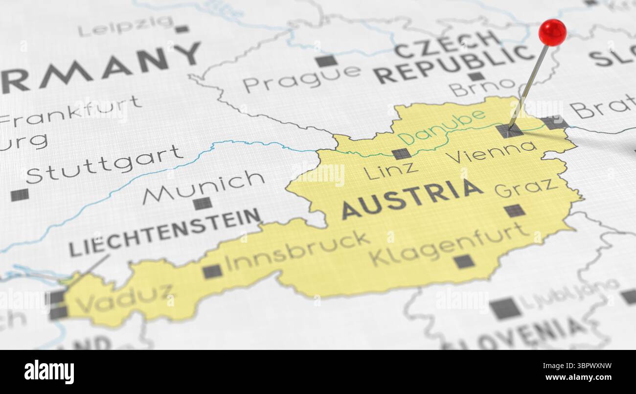 Austria, Vienna - push pin on political map - 3D illustration Stock ...