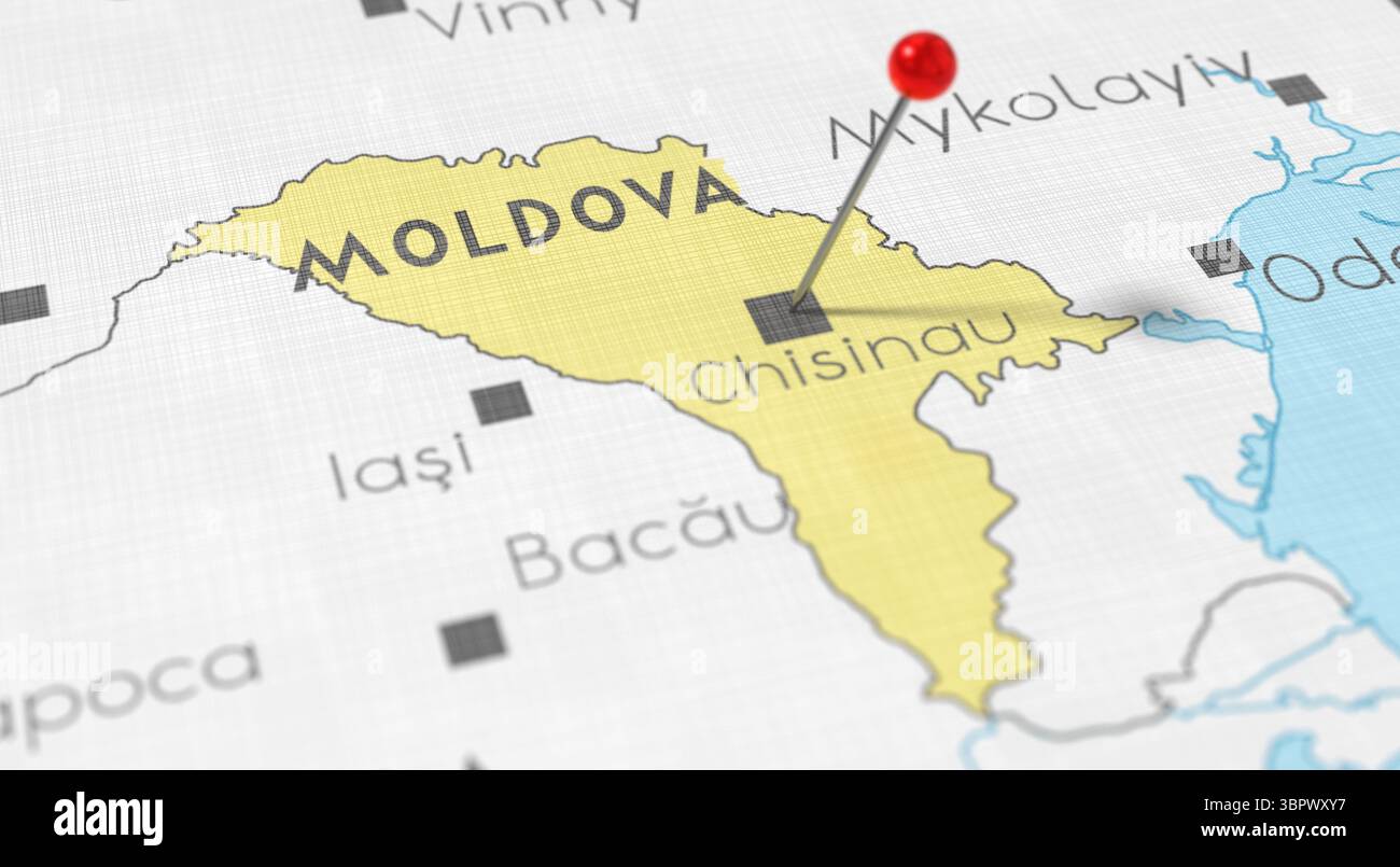 Moldova, Chisinau - push pin on political map - 3D illustration Stock ...