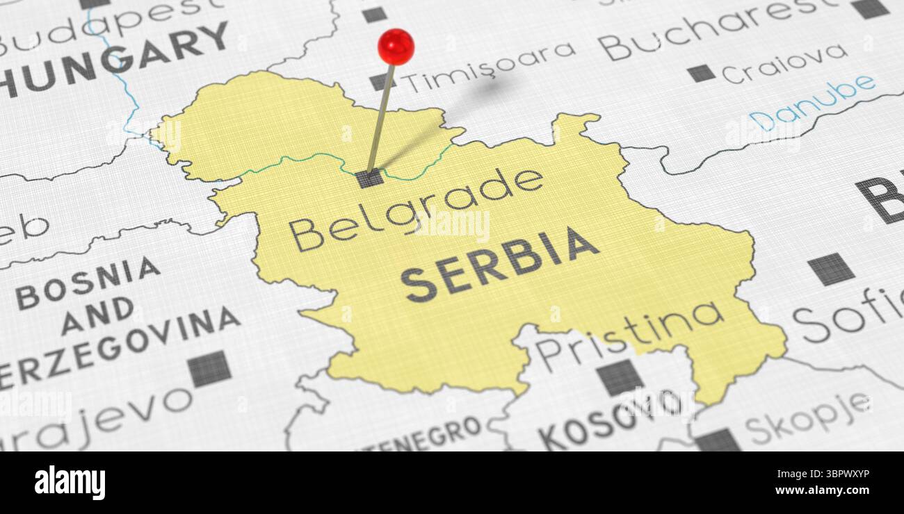 Serbia, Belgrade - push pin on political map - 3D illustration Stock ...