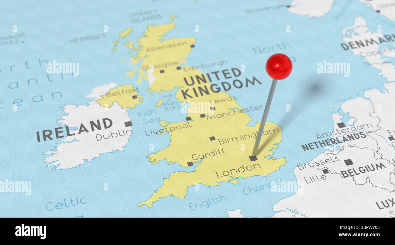 United Kingdom, London - push pin on political map - 3D illustration ...