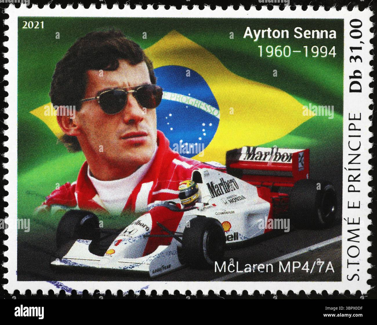 Ayrton Senna and his famous formula 1 McLaren on postage stamp Stock ...