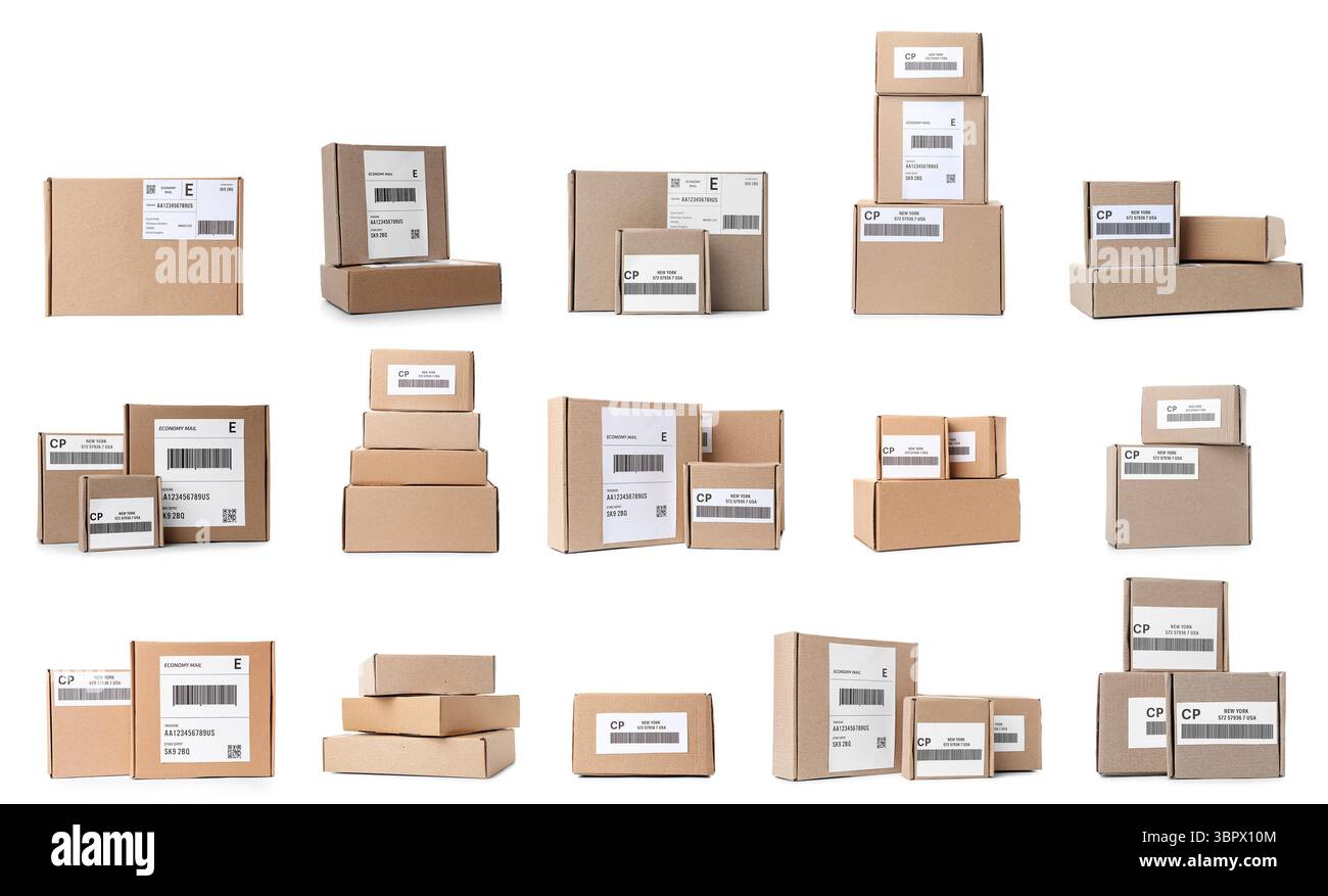 Set of many parcel boxes on white background Stock Photo - Alamy