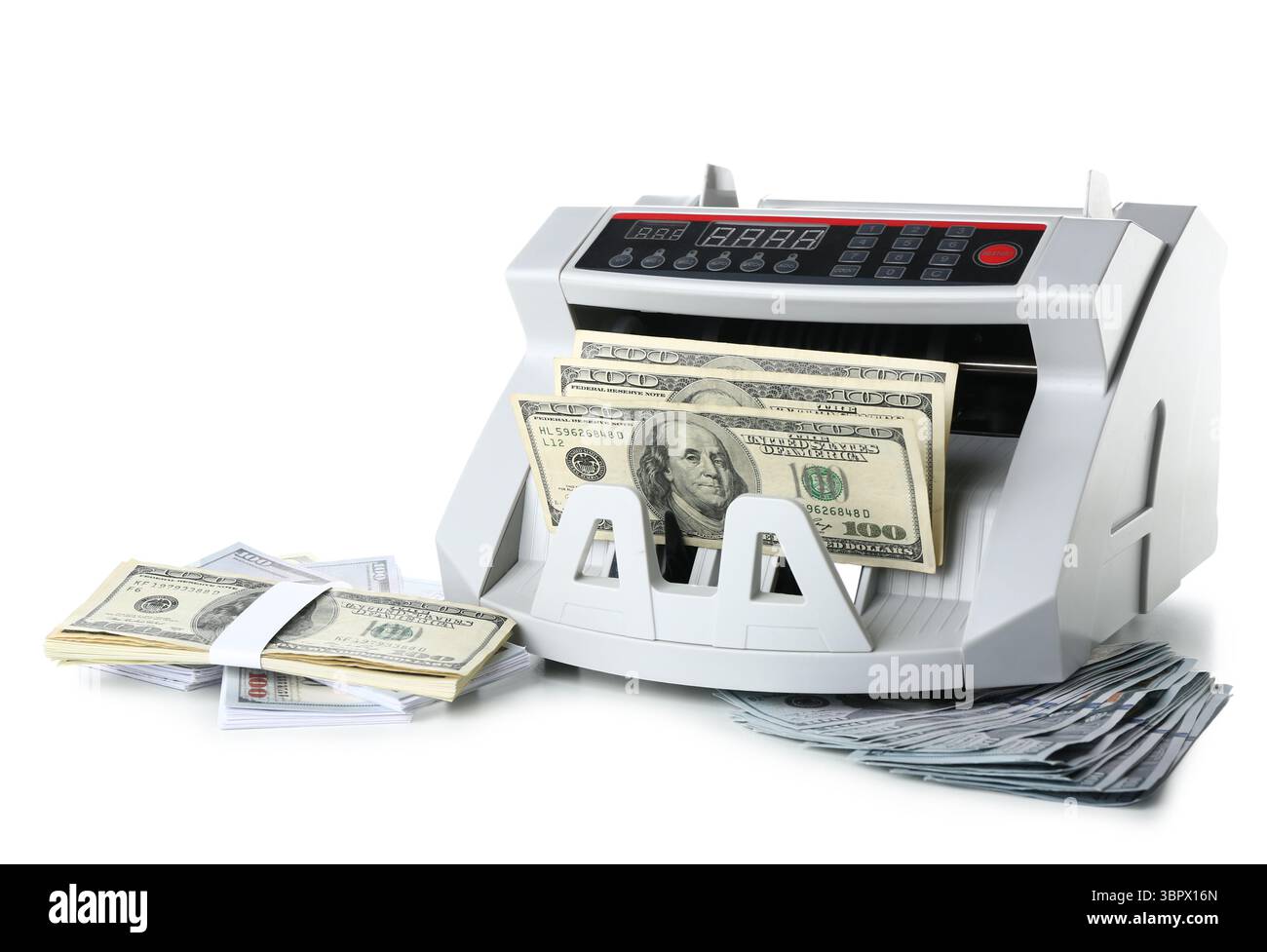 Modern cash counting machine with dollar banknotes on white background ...