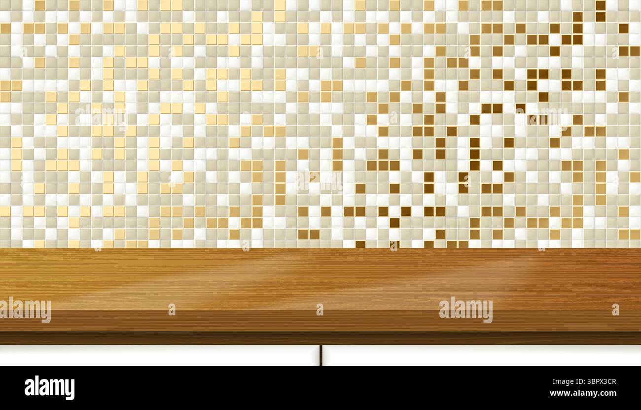 3D kitchen room table, work surface, golden tiled wall, realistic light ...