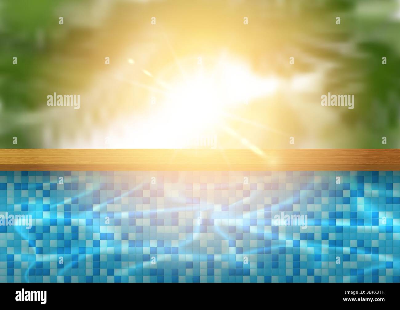 Pool party horizontal poster with tropical leaf and blue mosaic tile ...