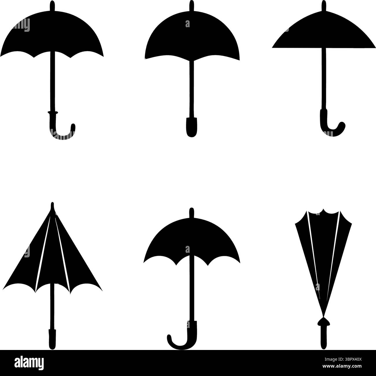 A collection of six black umbrella icons in various styles on a white ...