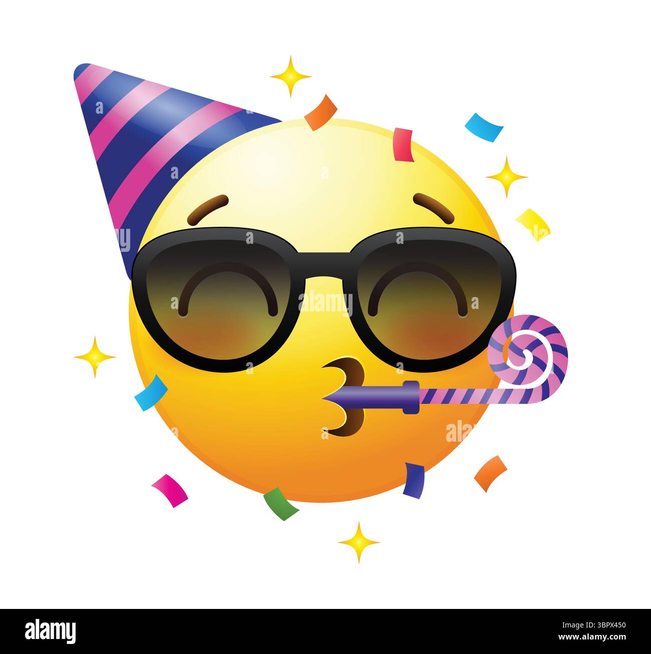 Party emoji with party hat and horn. Celebration emoticon vector icon ...