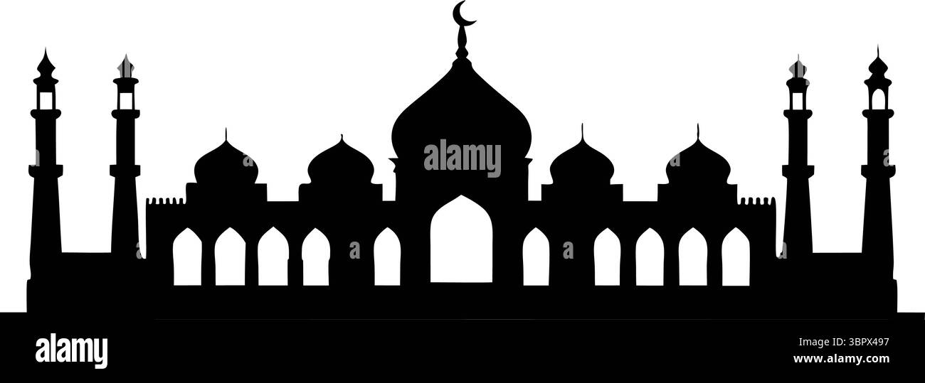 This silhouette presents a detailed outline of a mosque, showcasing its ...