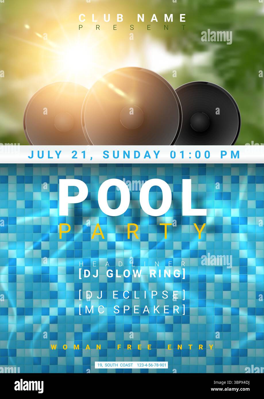 Pool party poster with tropical leaf and sound speakers. Summer party ...