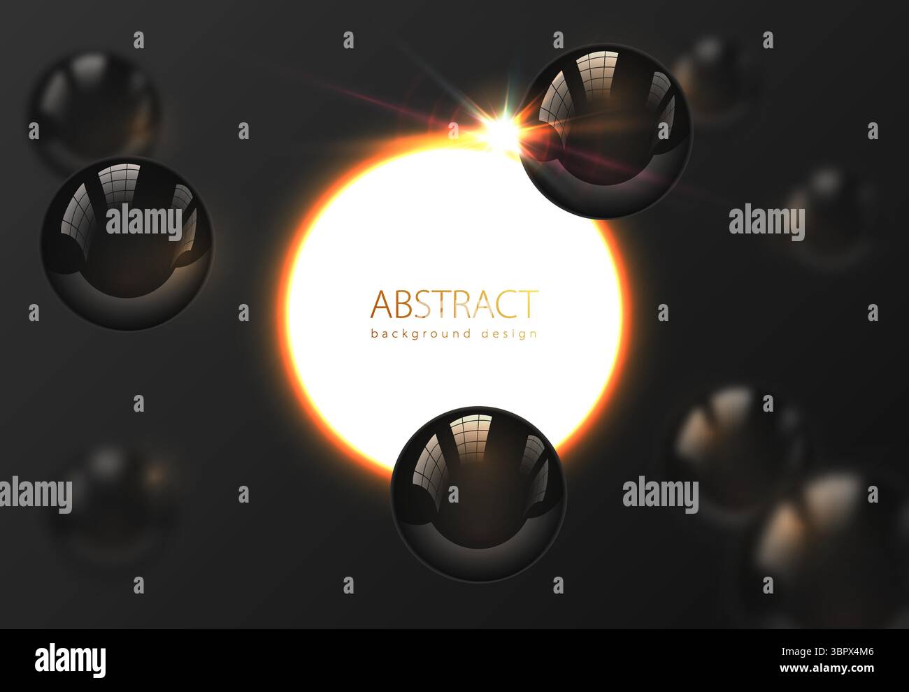 Flying glossy black pearl sphere, blur dark background. White sun disk ...