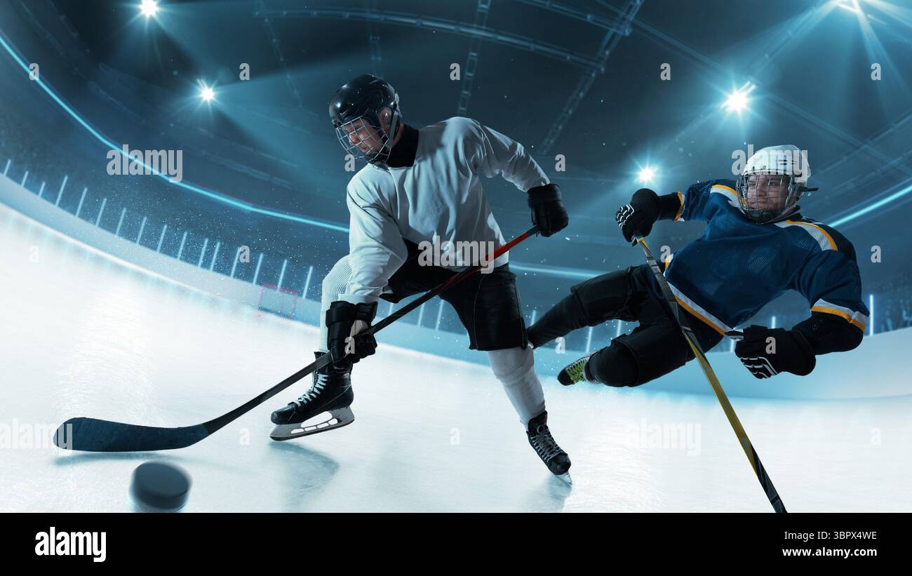 Close-up hockey clash with puck flying toward viewer on 3D ice rink ...