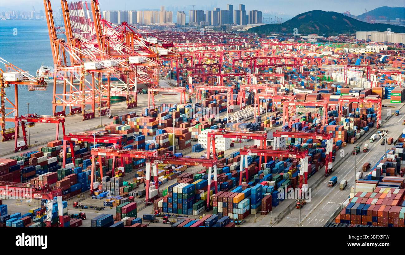 Aerial photo shows the Qianwan Container Terminal in Qingdao City, east ...