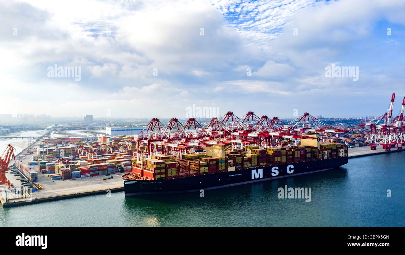Aerial photo shows the Qianwan Container Terminal in Qingdao City, east ...