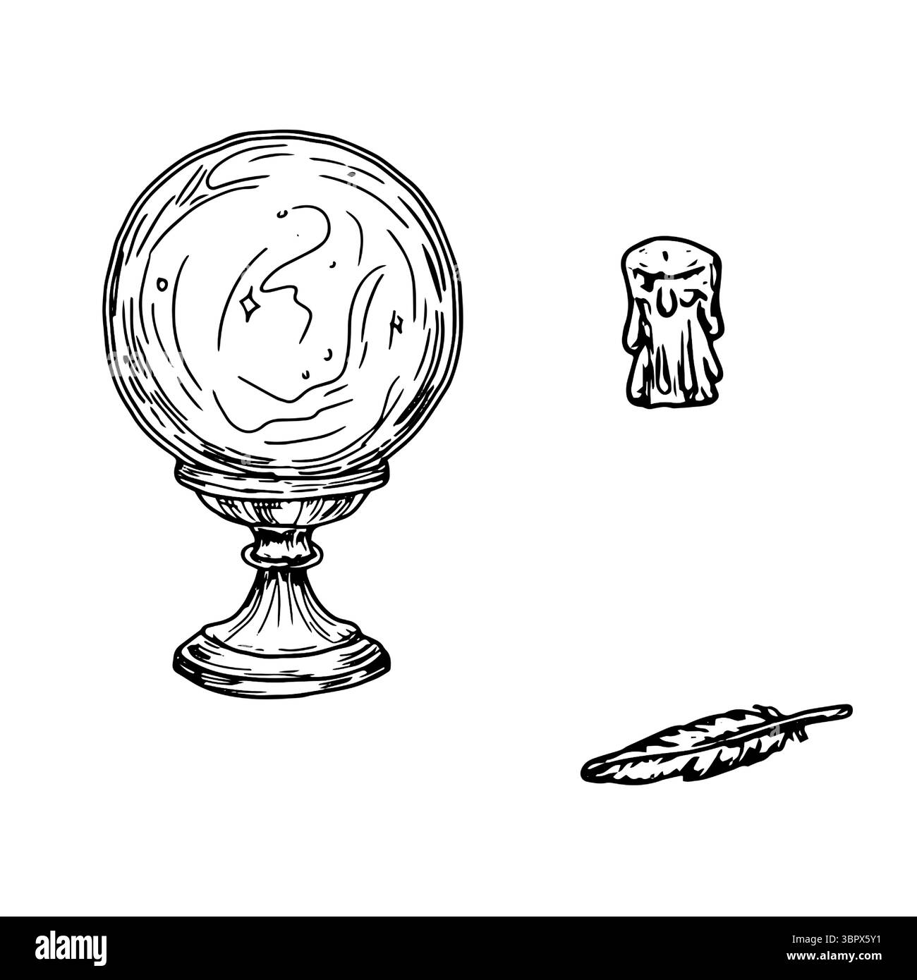 Magic ball on stand, guttered candle and raven feathers, black and ...