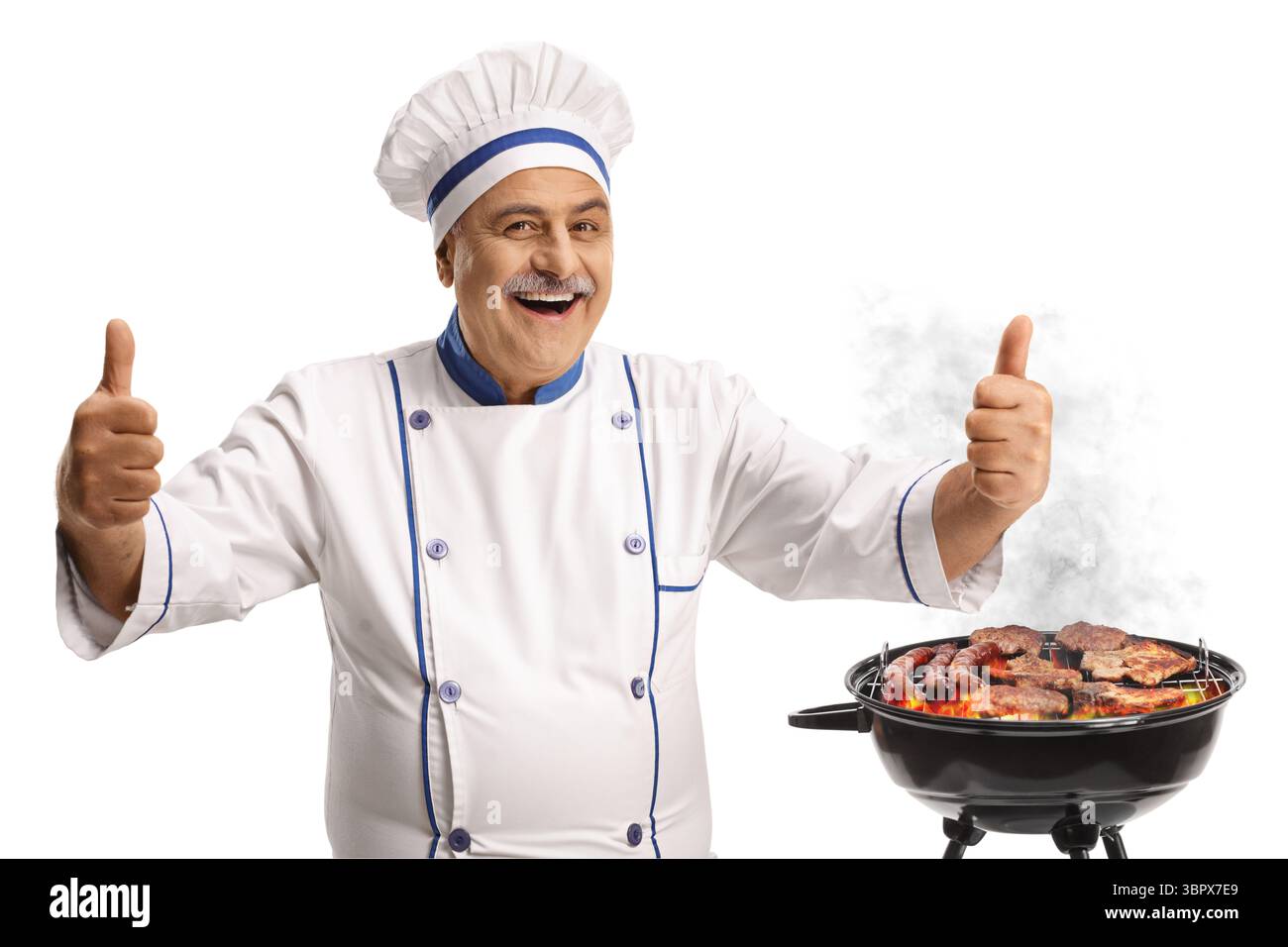 Grill master cooking bbq meat and gesturing thumbs up isolated on white ...