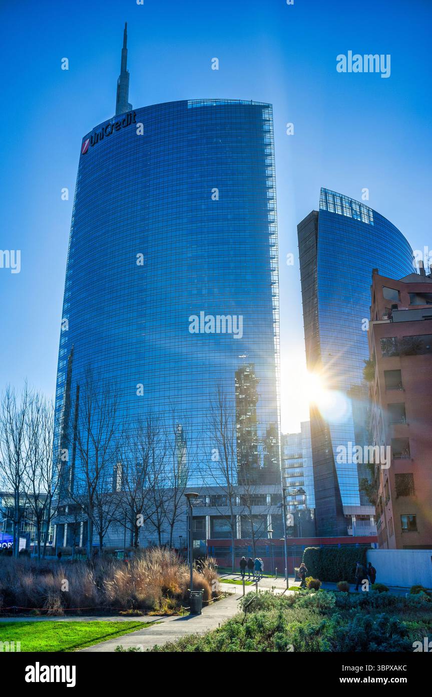 View of the modern UniCredit skyscraper in Milan, Italy, with sunlight ...