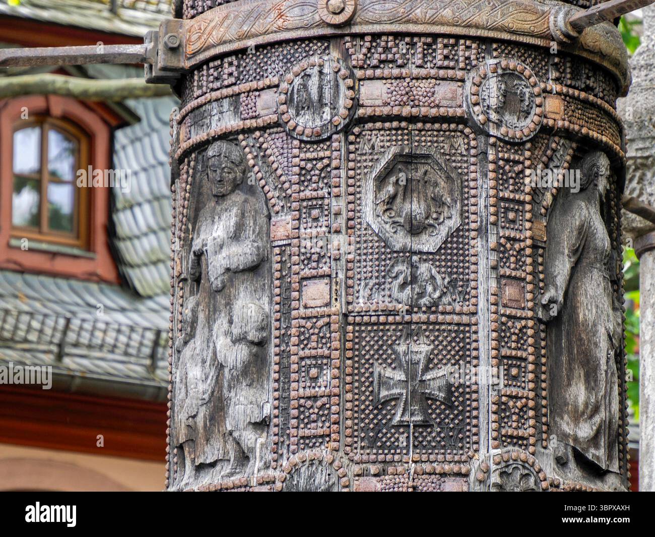 The Nagelsaule wood column in Mainz Germany, detail close up erected ...