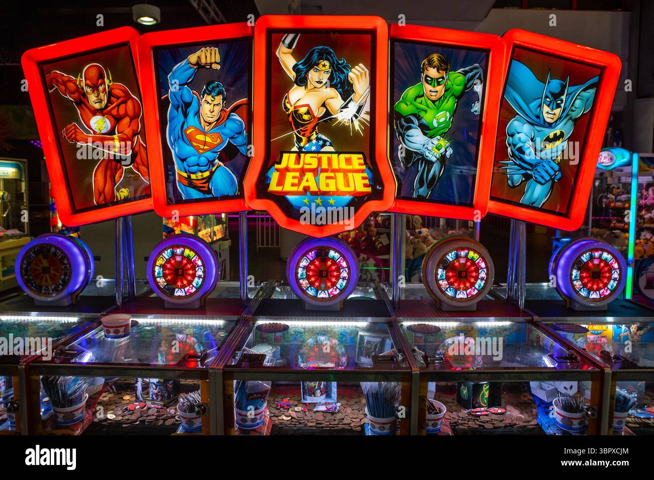 Somerset, UK - May 14th 2025: A Justice League Coin Pusher Machine in ...