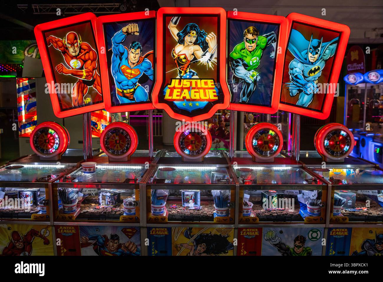 Somerset, UK - May 14th 2025: A Justice League Coin Pusher Machine in ...