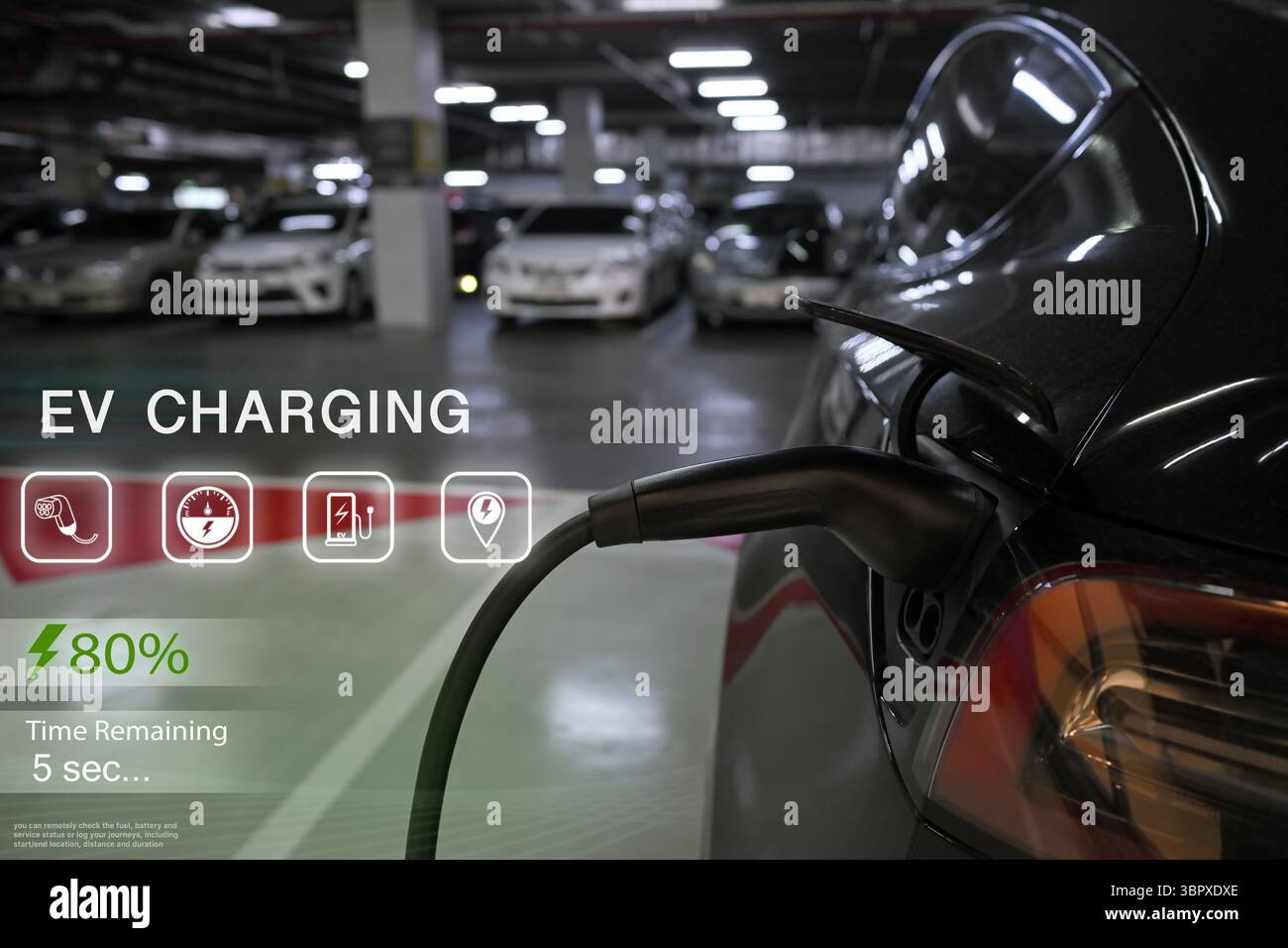EV charger plugged into a car with futuristic dashboard graphics ...
