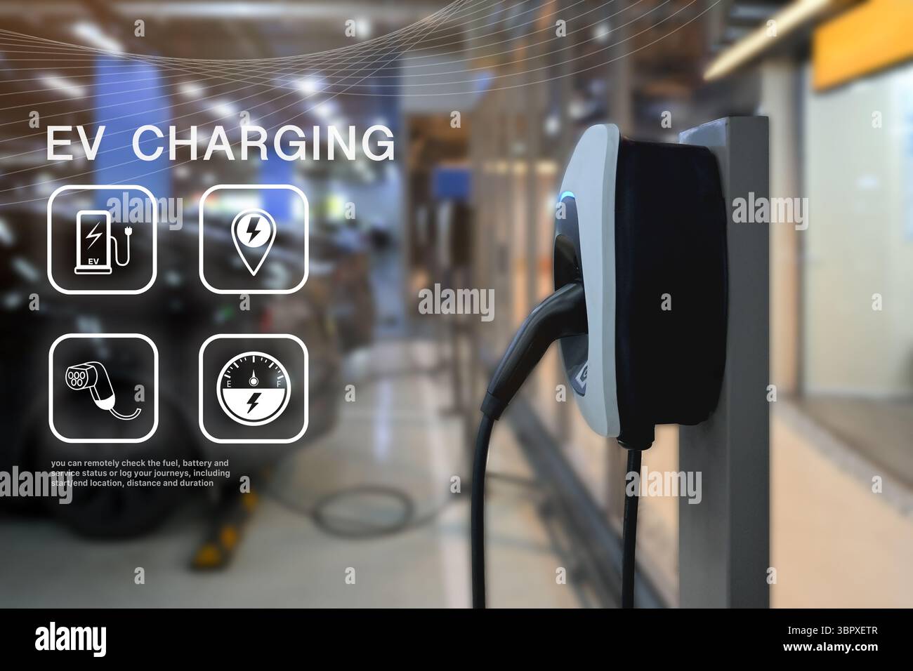 Electric vehicle charging station in focus with digital EV interface ...