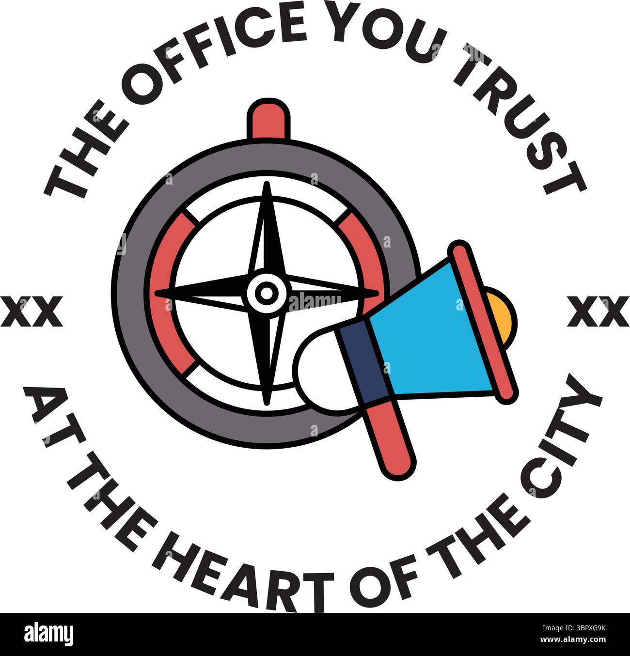 The Office You Trust logo is a compass with a megaphone in the middle ...