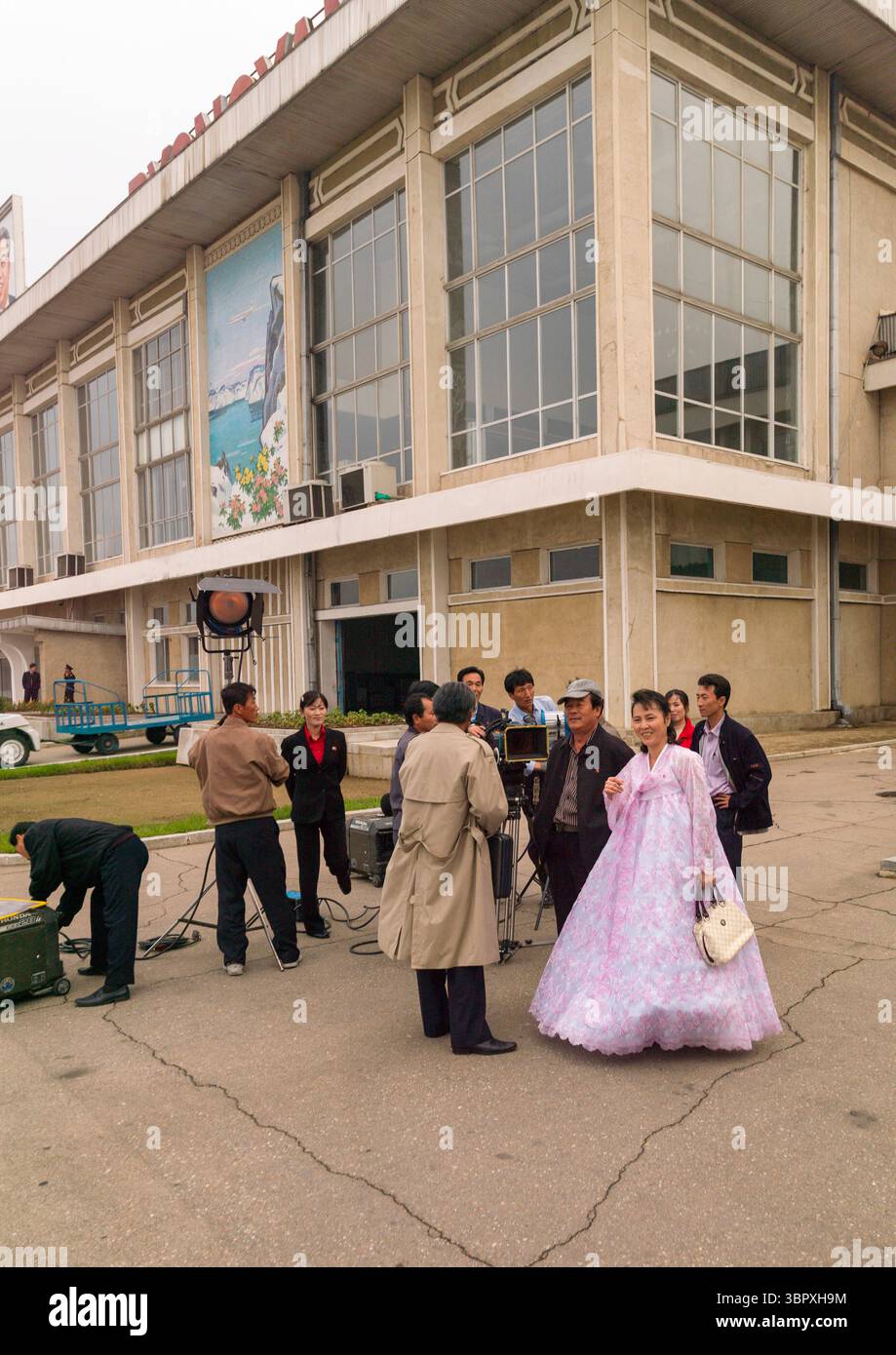 Actors during a movie shooting in Pyongyang Sunan international airport ...
