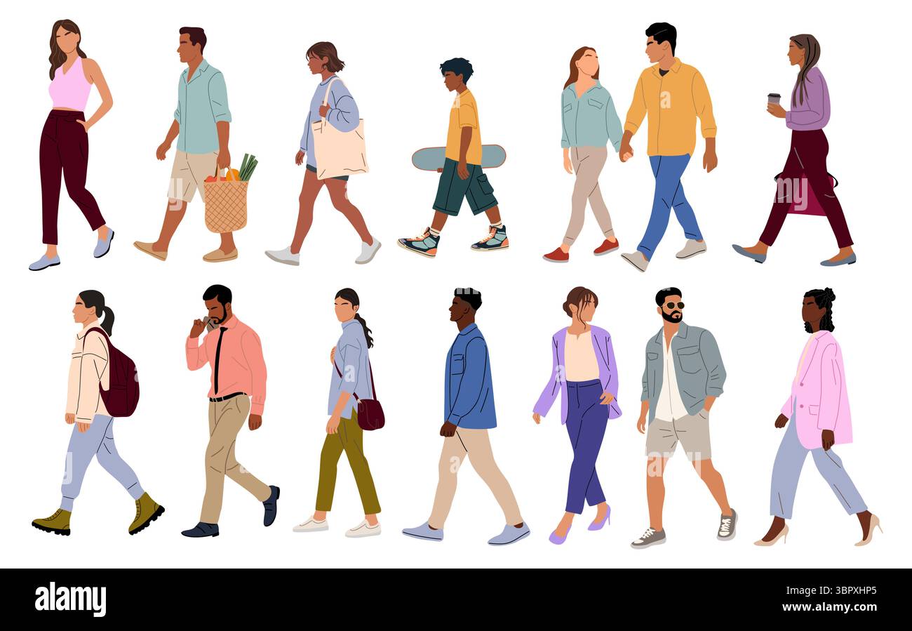 Diverse people walking side view isolated on white Stock Vector Image ...