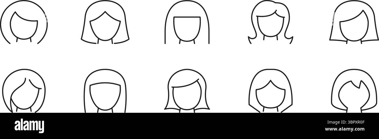 Female Hairstyles Outline Icon Set. Diverse Women Haircuts Symbol ...