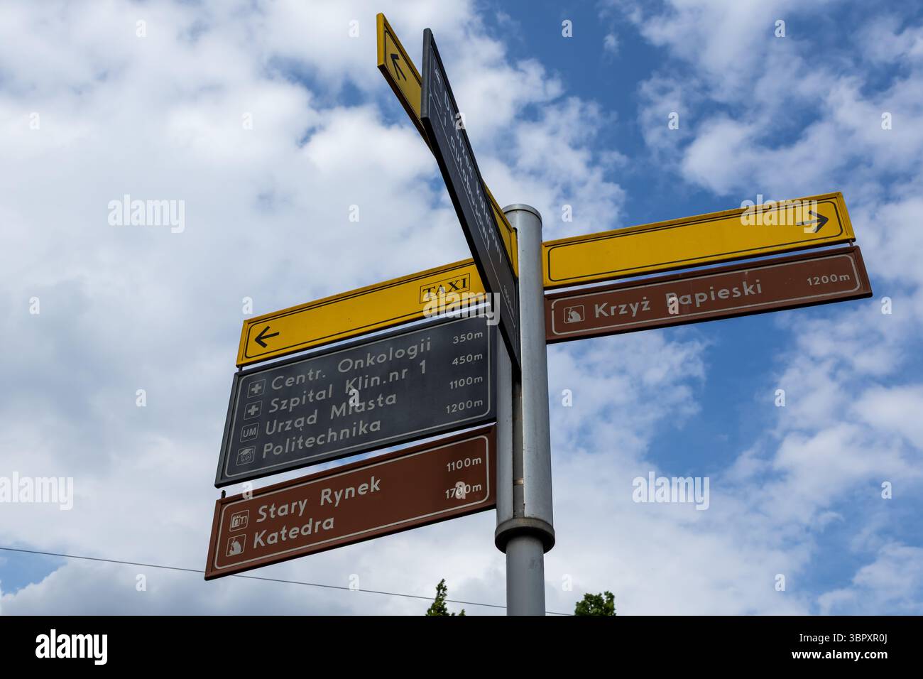 Poznan, Poland - June 18, 2025: Detailed street signpost with yellow ...