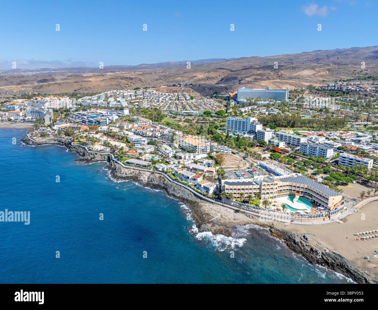 Gran Canaria, Canary Islands, Spain. 8th July 2025. Aerial image of Playa Del Ingles and Playa ...