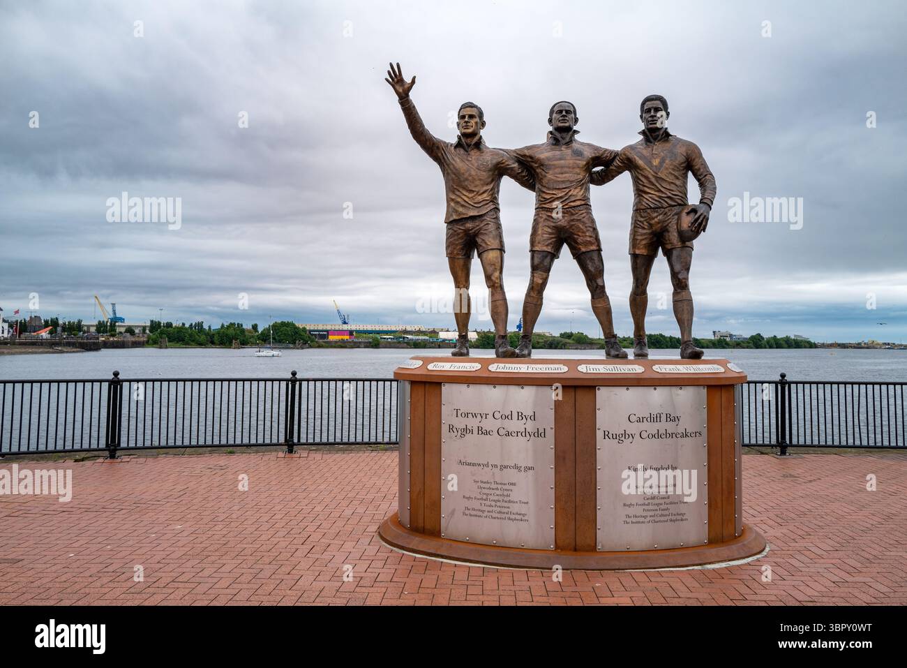 Cardiff, Wales, 23 June 2024: Bronze statue of the Cardiff Bay Rugby ...