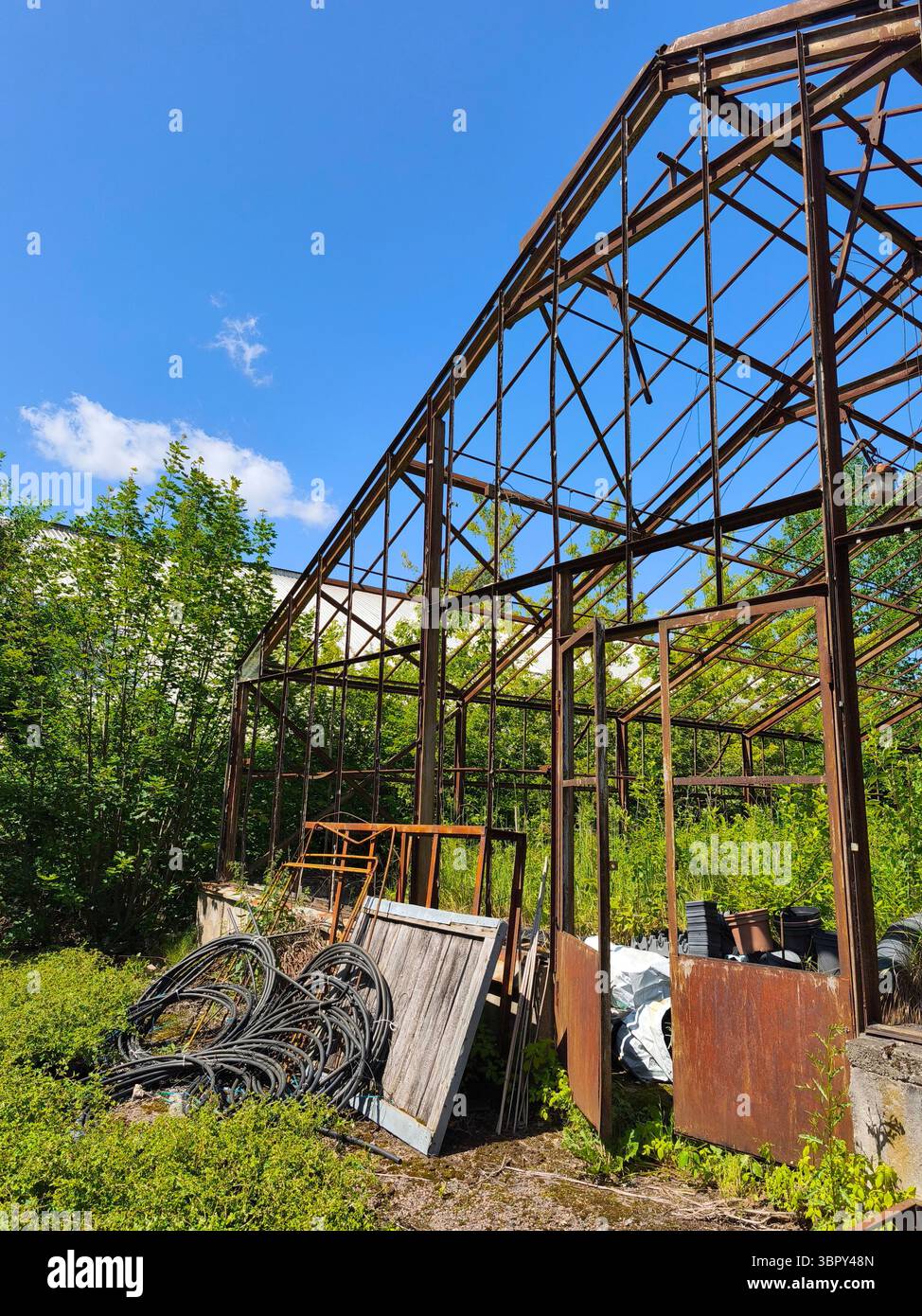 Rusted metal frame of an old greenhouse structure standing alone in the ...