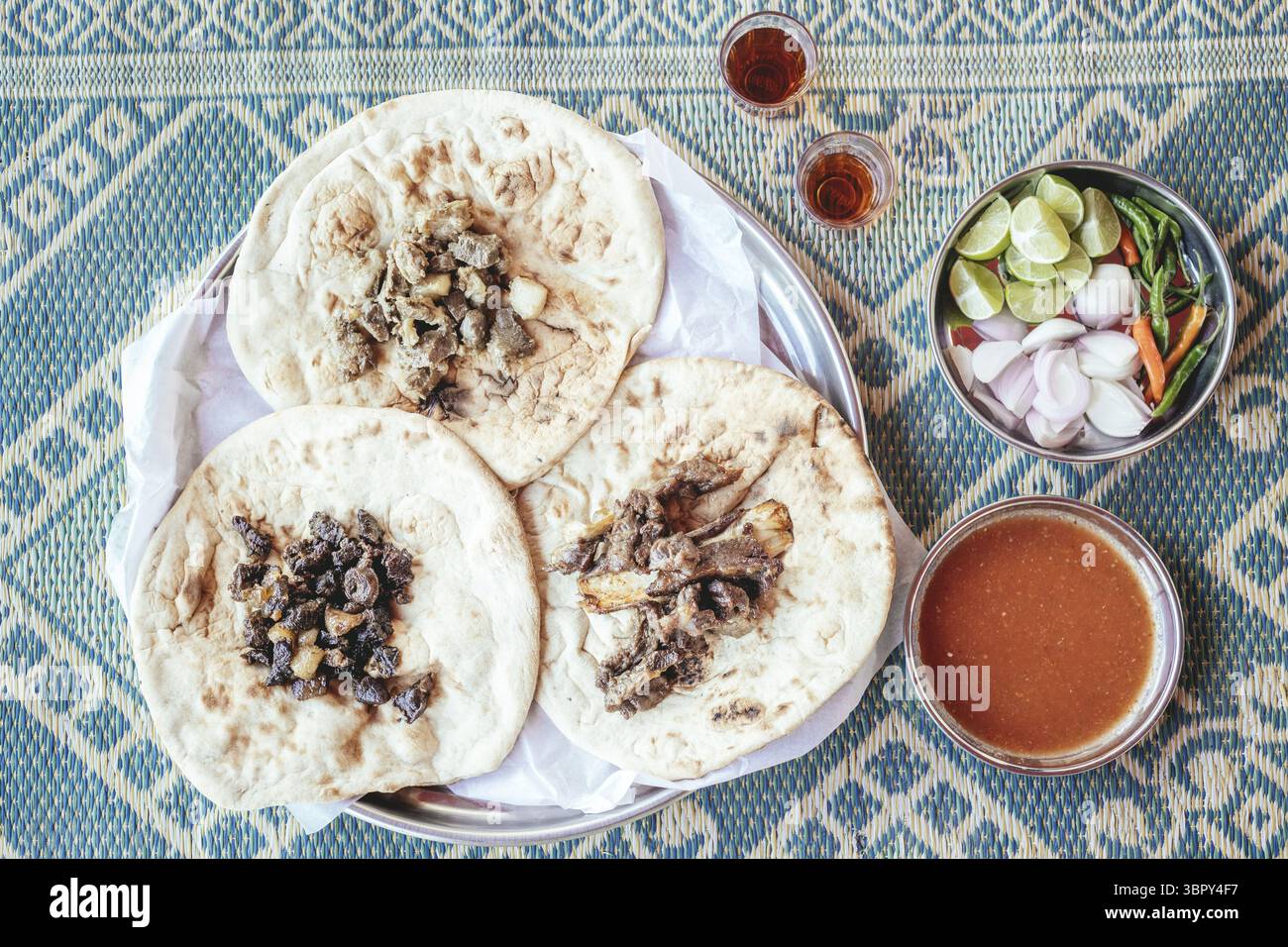 Traditional camel restaurant in Salalah, three kinds of camel meat (dry ...
